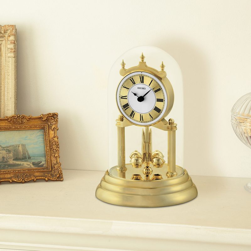 Seiko Traditional Gold-Coloured Glass Dome Rotating Pendulum Mantel ...